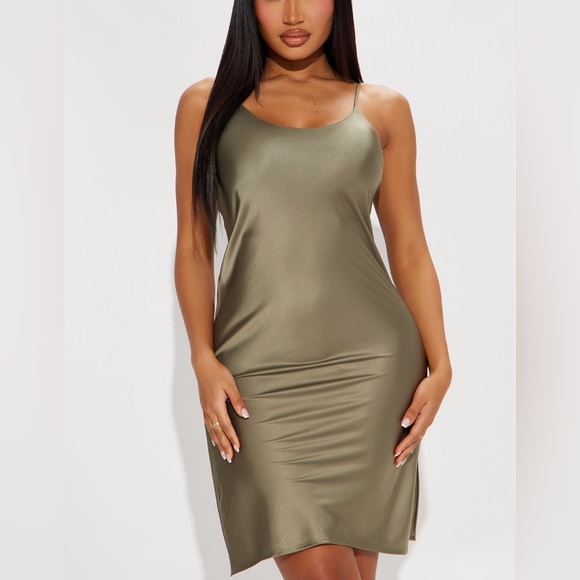 Fashion Nova | Dresses | Fashion Nova Olive Satin Midi Dress Nwt | Poshmark